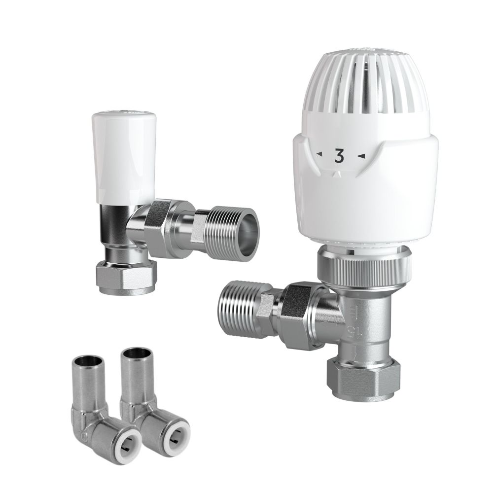 Drayton RT212 15mm White / Chrome Angled TRV & Lockshield Valve Pack c ...